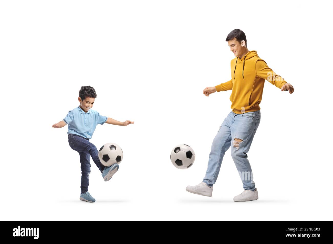 Young man and a boy juggling with footballs isolated on white ...
