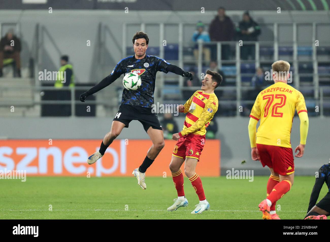 Backa Topola, Serbia. 13th Feb, 2025. Petar Stanic of TSC (L) outjumps ...