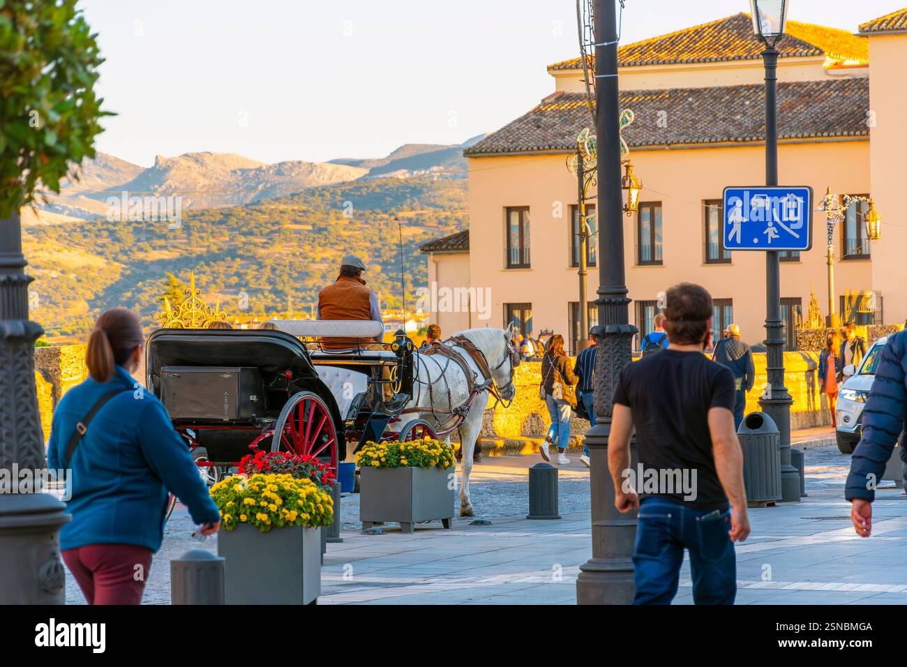 A touristic horse drawn carriage with driver crosses over the famous ...