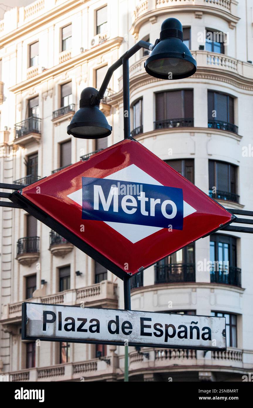 Diamond-shaped, Madrid metro sign for the Plaza De Espana or "Spain ...