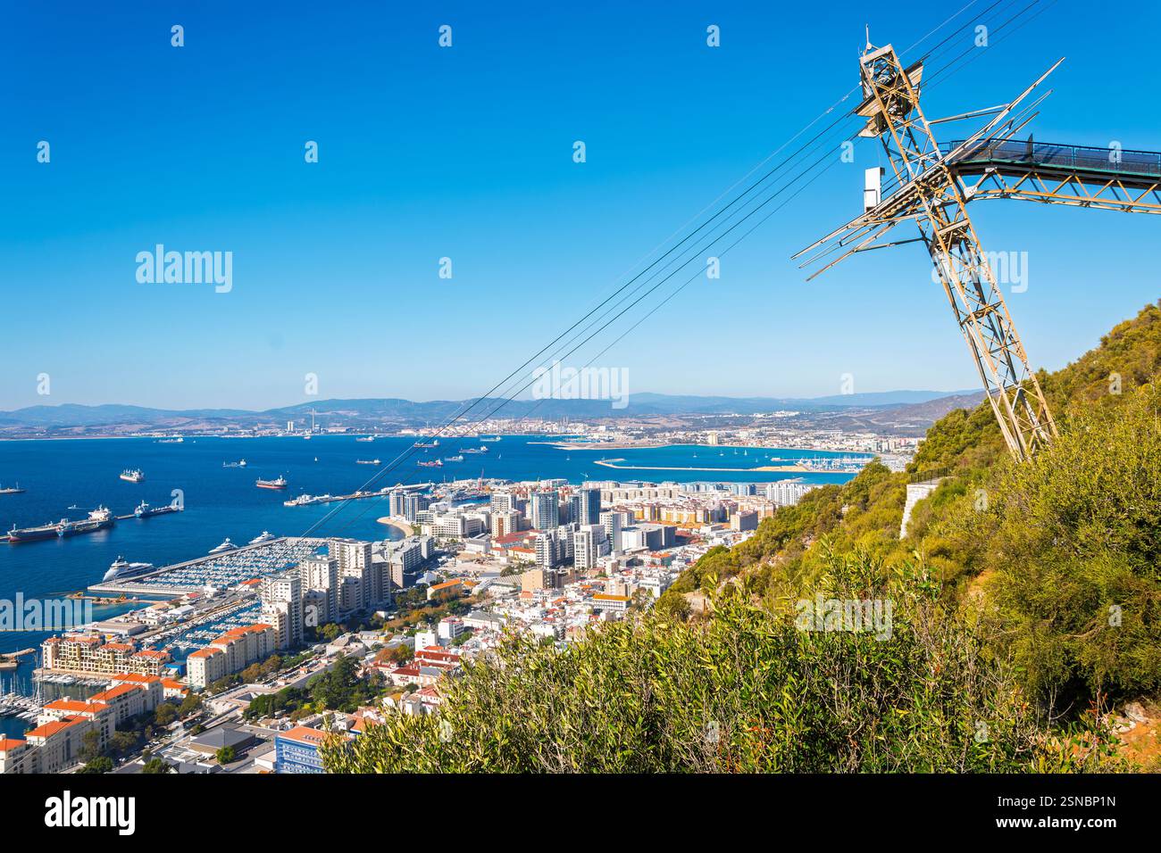 View of the Gibraltar Cable Car aerial tramway in Gibraltar which ...