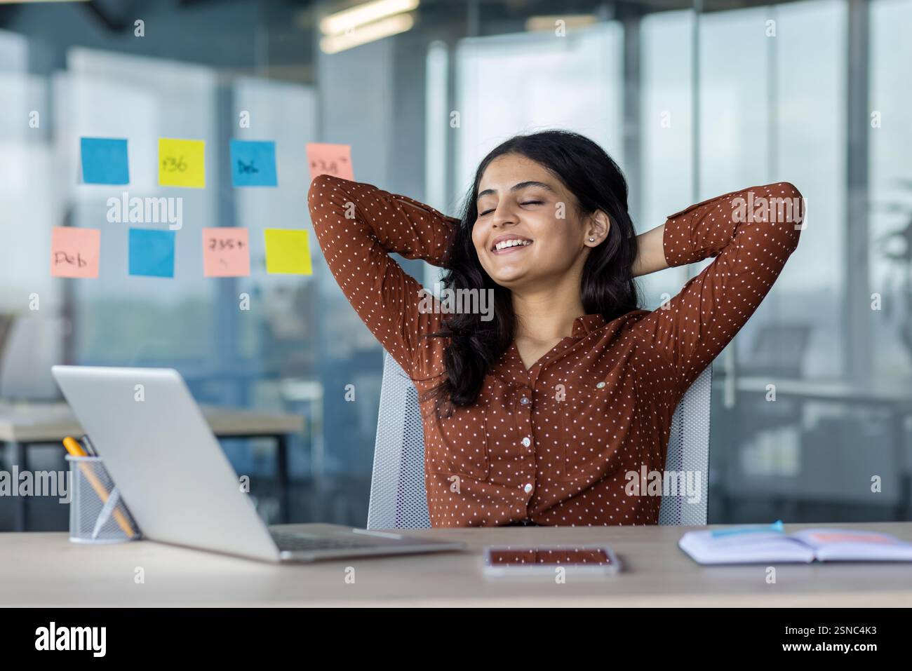 Successful woman successfully completed current task, well done, hands ...