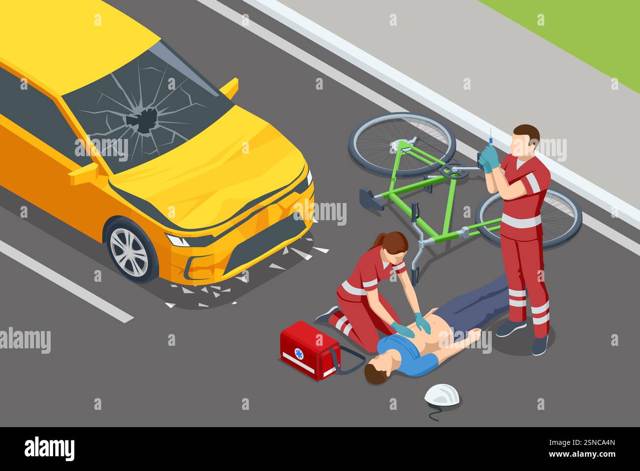 An isometric, vector illustration of a serious accident between a ...