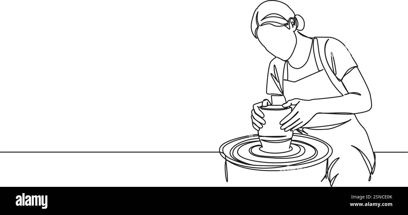 continuous single line drawing of female pottery maker, line art vector ...