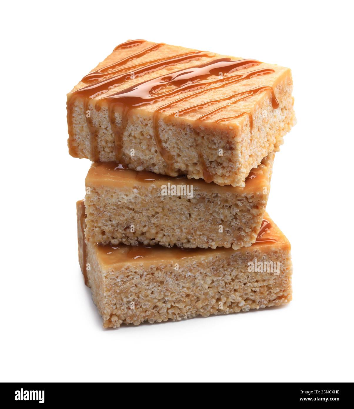 Delicious caramel puffed rice bars isolated on white Stock Photo - Alamy