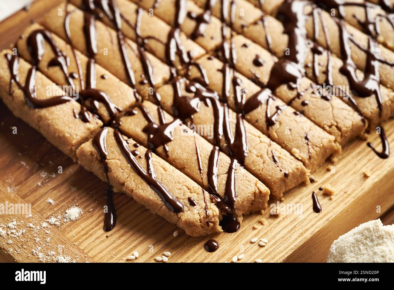 Homemade snack bars made of whey protein powder, ground oat flakes ...