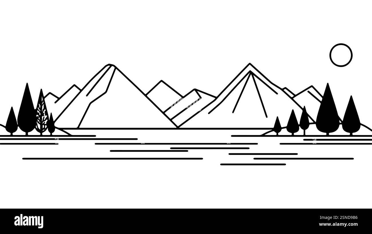 Mountains landscape line art drawing. River, trees and sun graphic ...