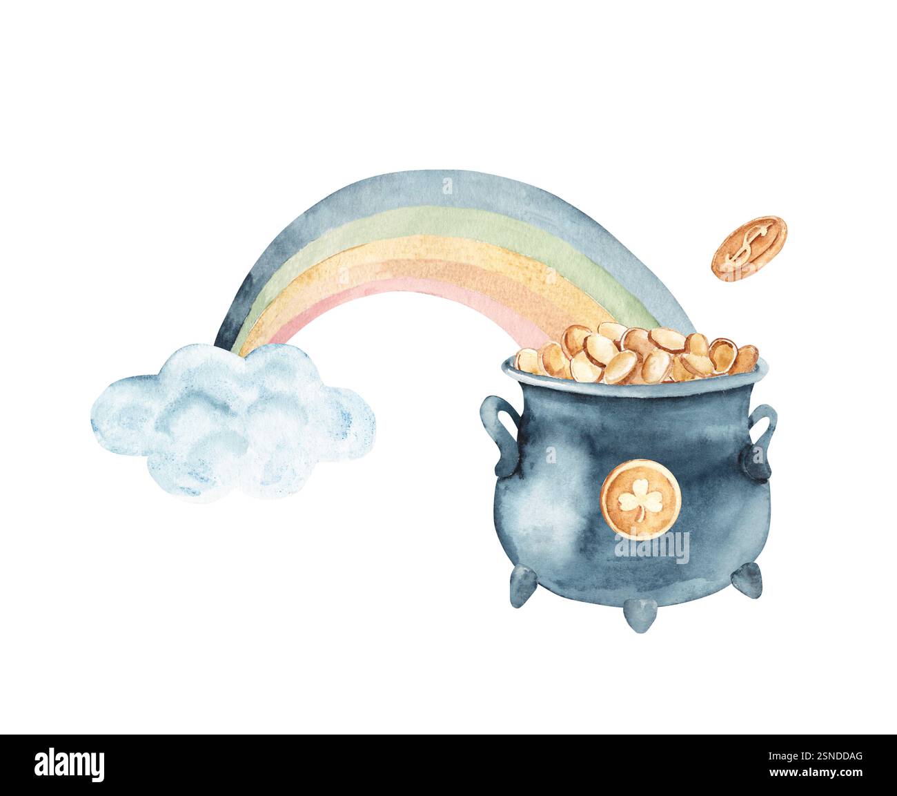 Leprechaun Pot or Cauldron with Gold coins at the end of Rainbow. Hand ...