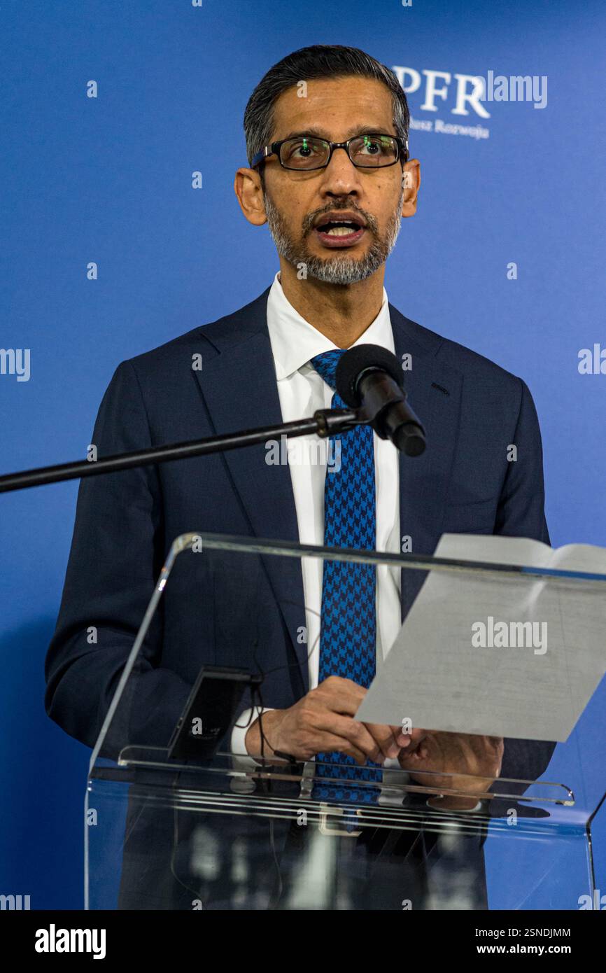Google CEO Sundar Pichai addresses the press conference from behind the ...