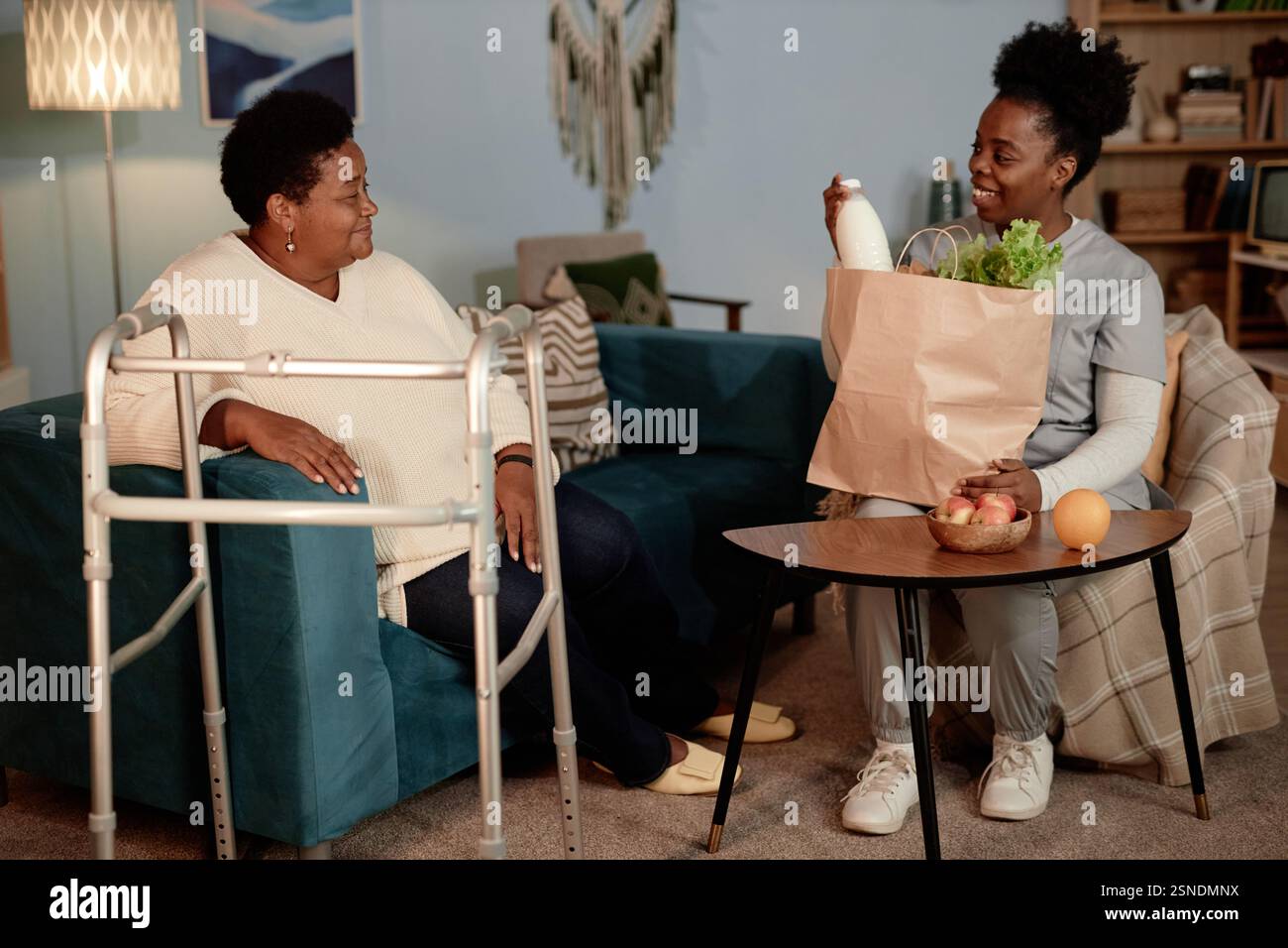 Full length shot of accommodating Black female social worker delivering groceries to senior ...