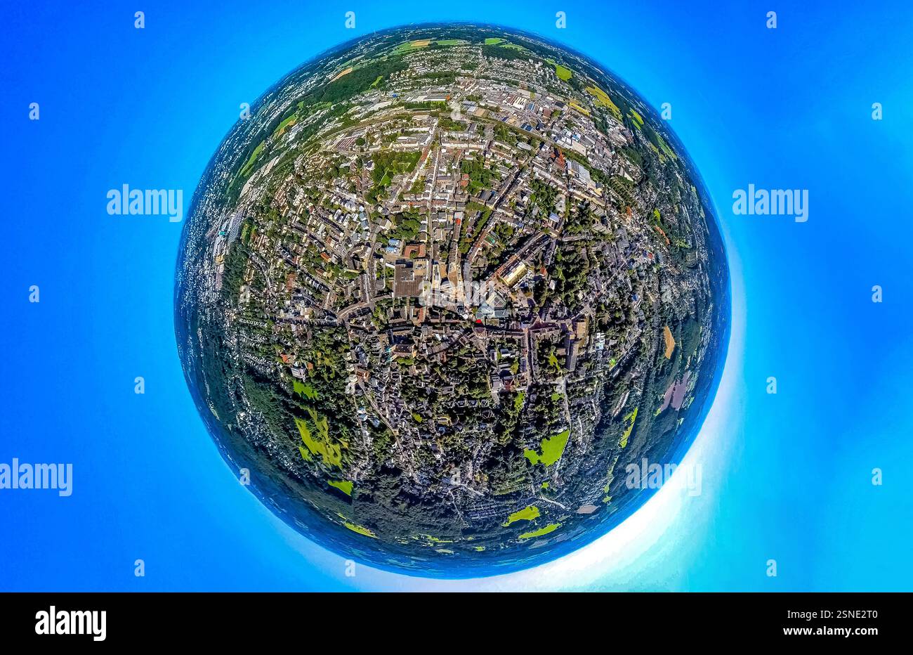Aerial view, city center and Wilhelmplatz, earth globe, fisheye image, 360 degree image, tiny ...