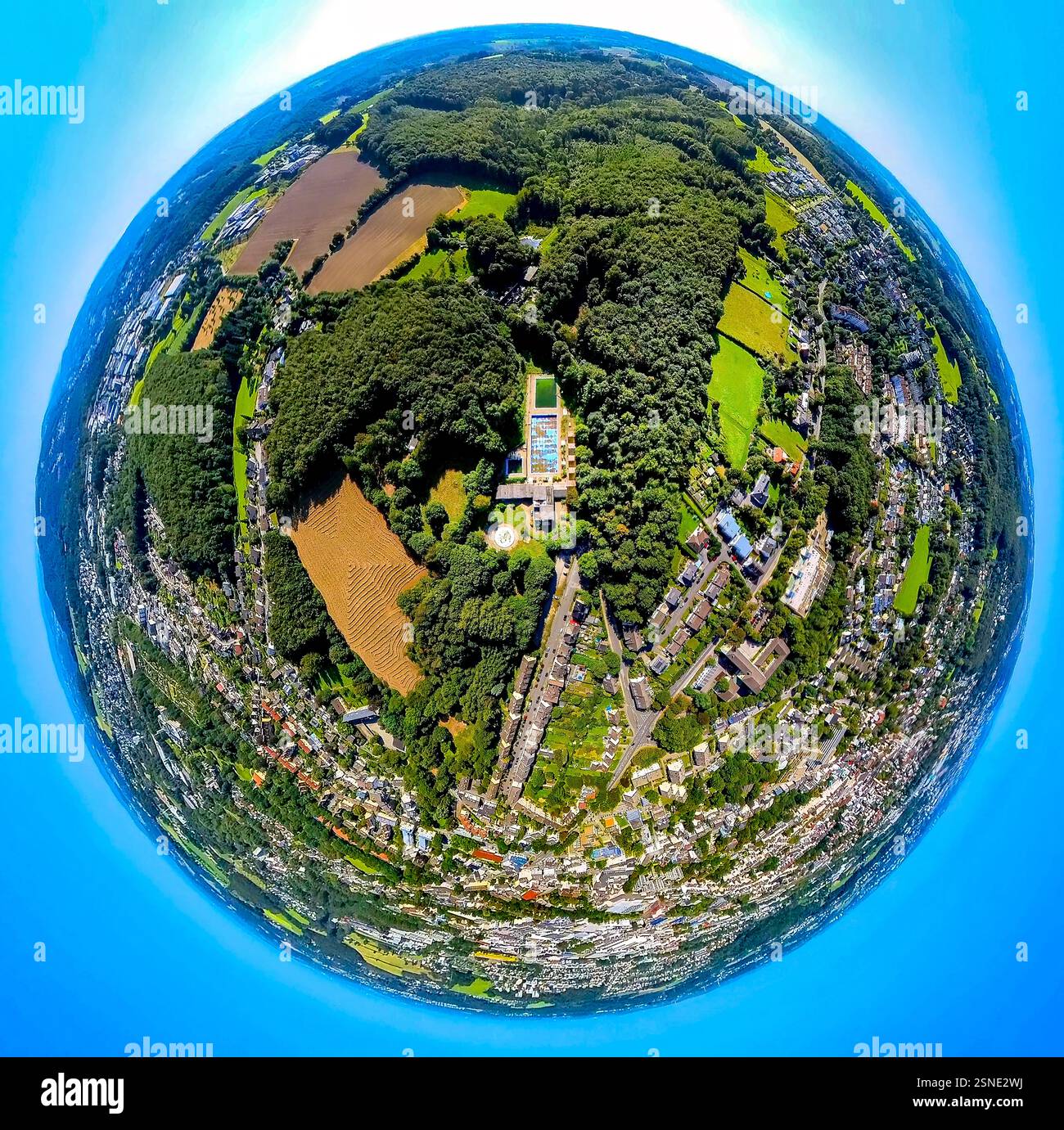 Aerial view, Schwelmebad outdoor pool swimming pool in Martfeld forest, agricultural fields ...