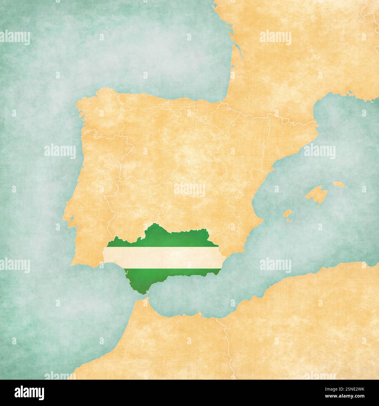 Andalusia (Andalusian flag) on the map of Iberian Peninsula in soft ...