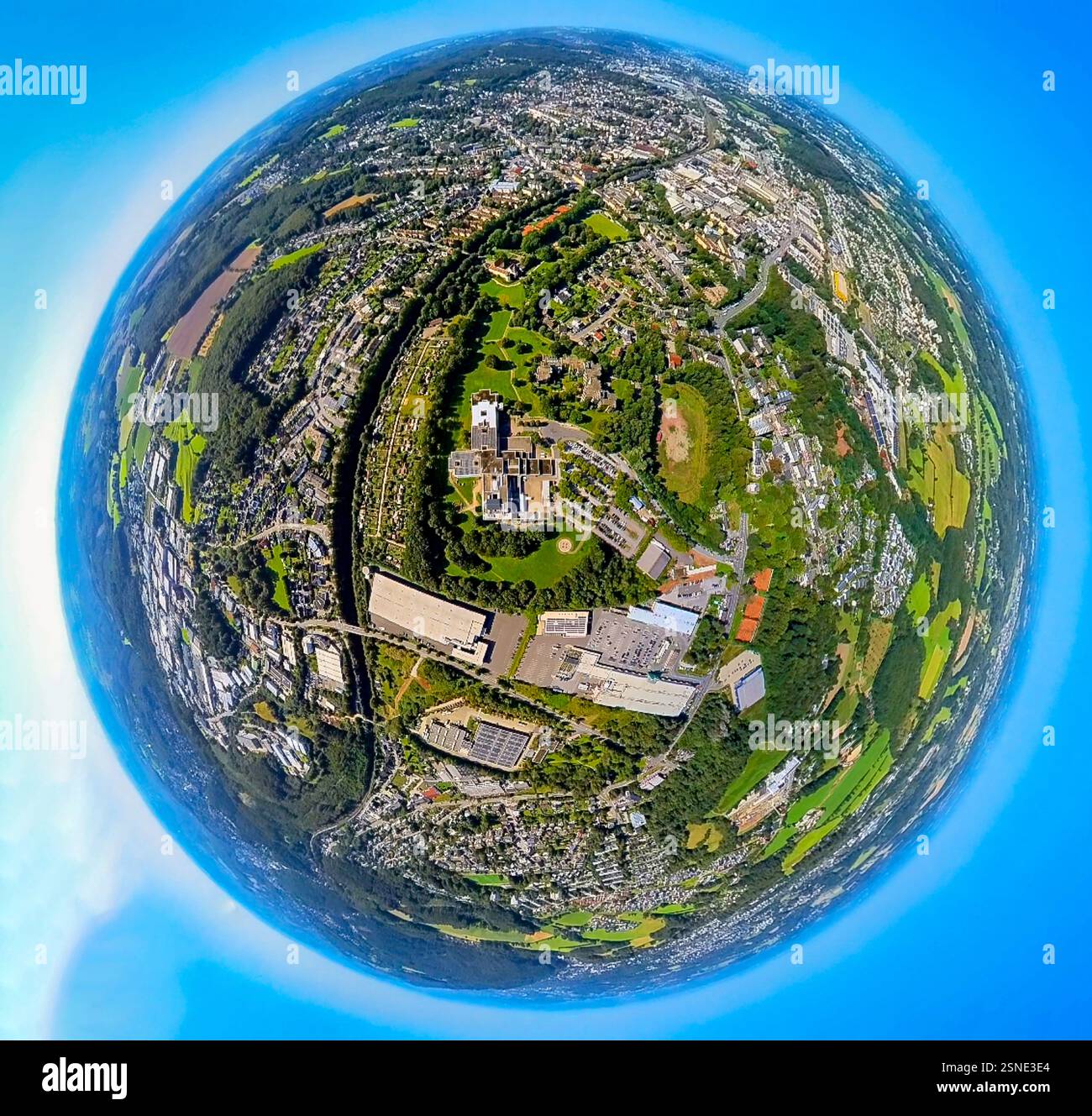 Aerial view, Helios Klinikum Krankenhaus, earth globe, fisheye image ...