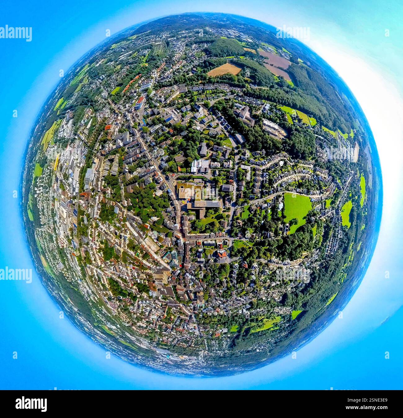 Aerial view, city center with district administration building, earth ...
