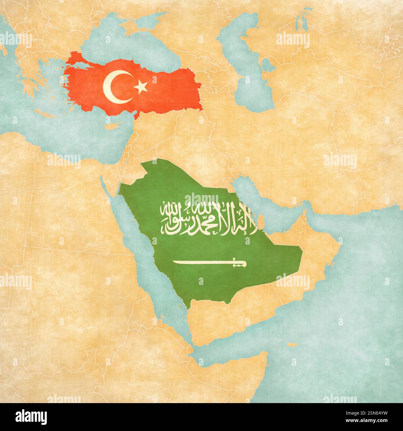 Saudi Arabia and Turkey on the map of Middle East (Western Asia) in ...