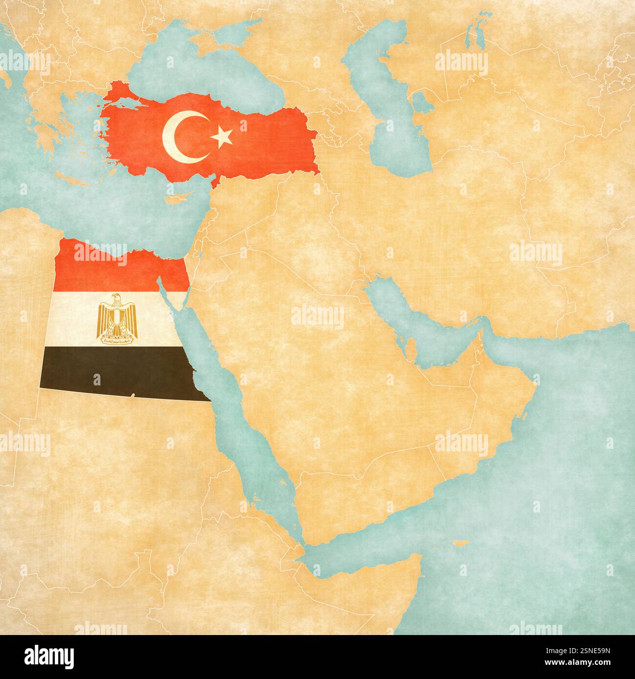 Turkey and Egypt on the map of Middle East (Western Asia) in soft ...