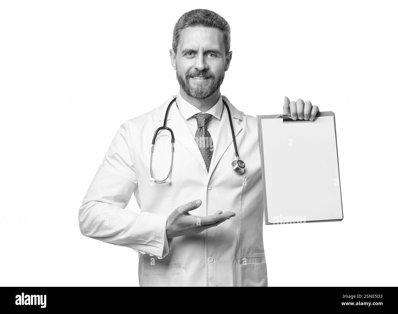 happy doctor showing clinical record. doctor isolated on white with ...