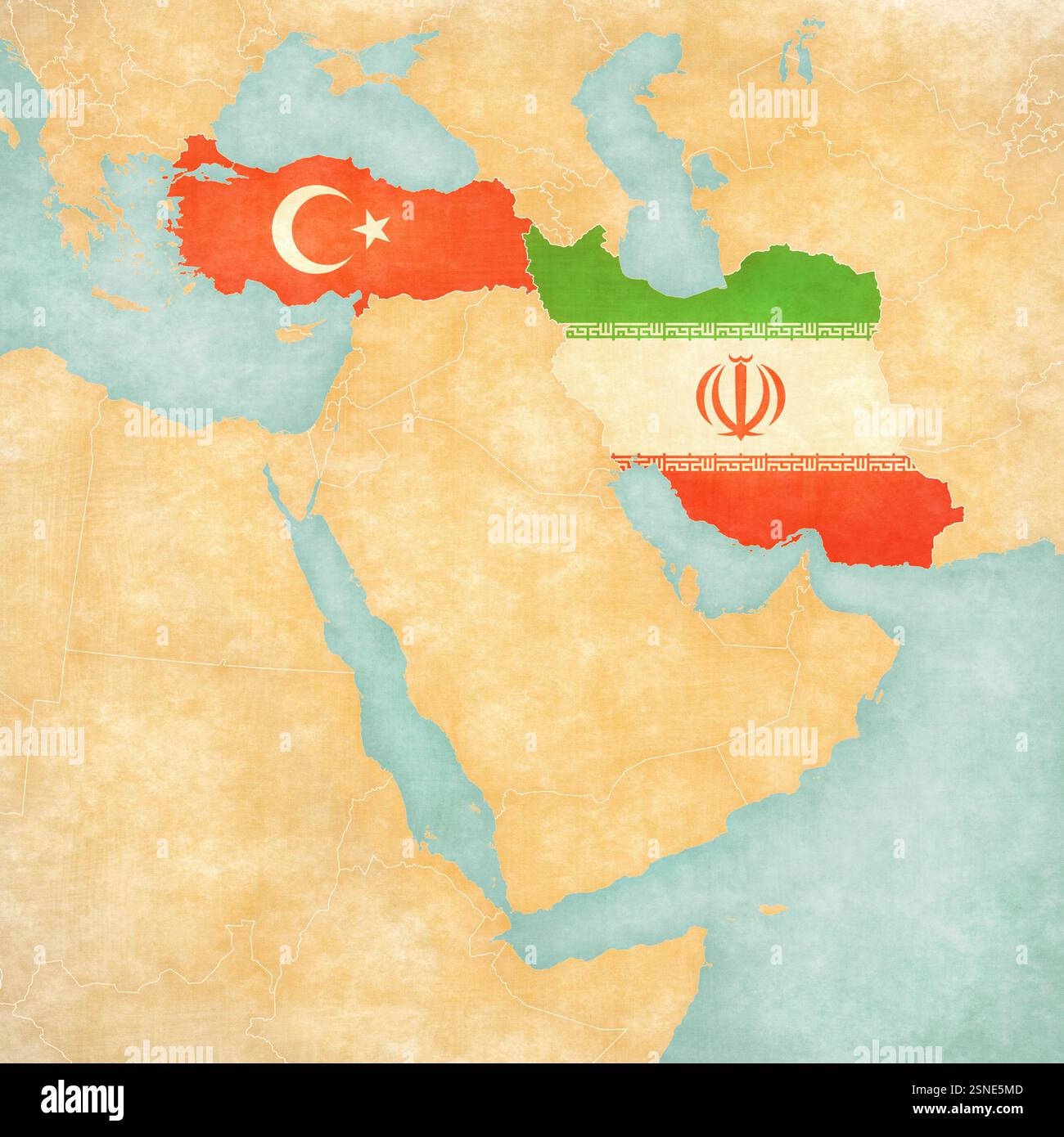 Turkey and Iran on the map of Middle East (Western Asia) in soft grunge ...