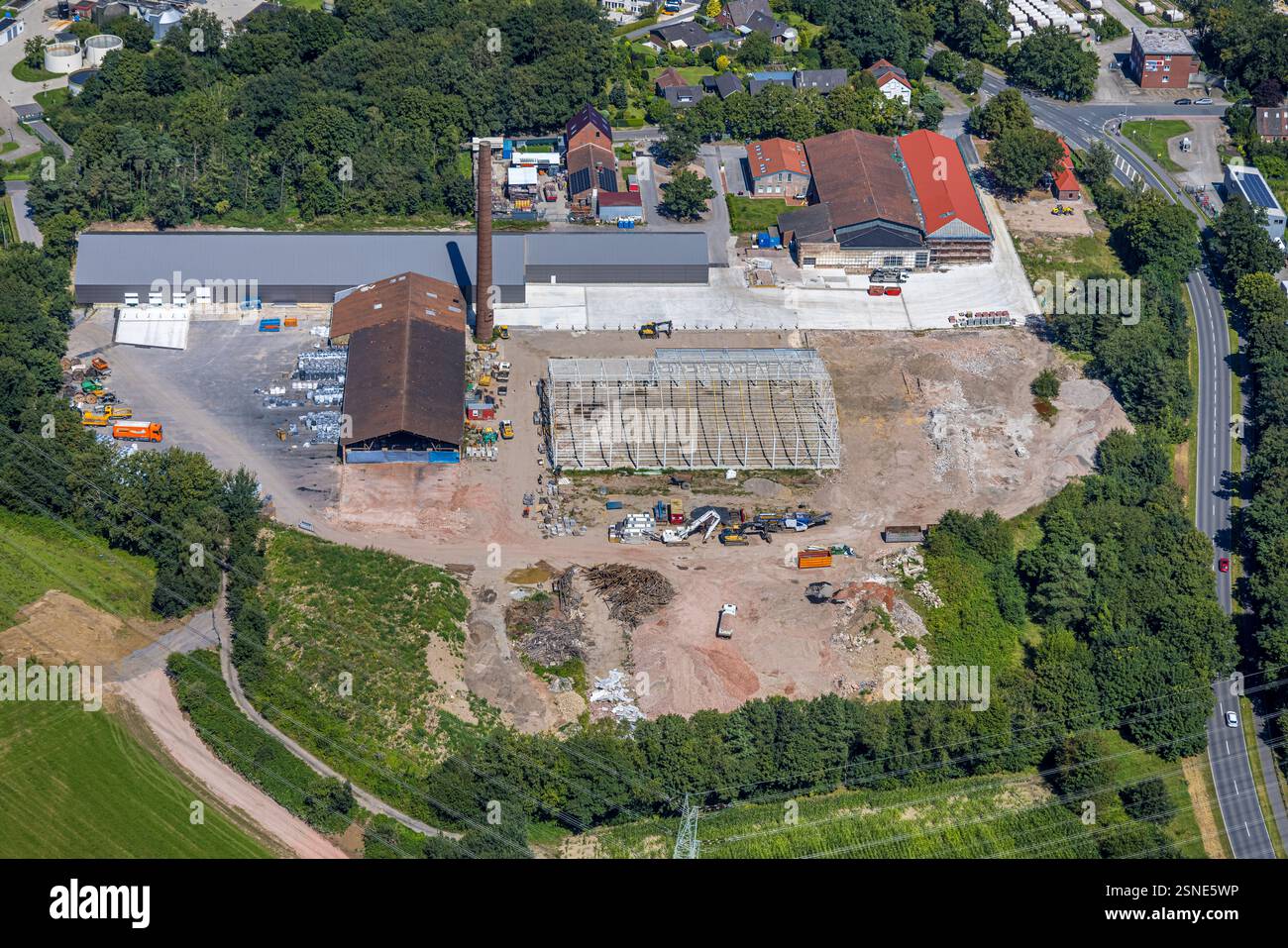 Aerial view, construction site with demolition and new construction of steel scaffolding on the ...