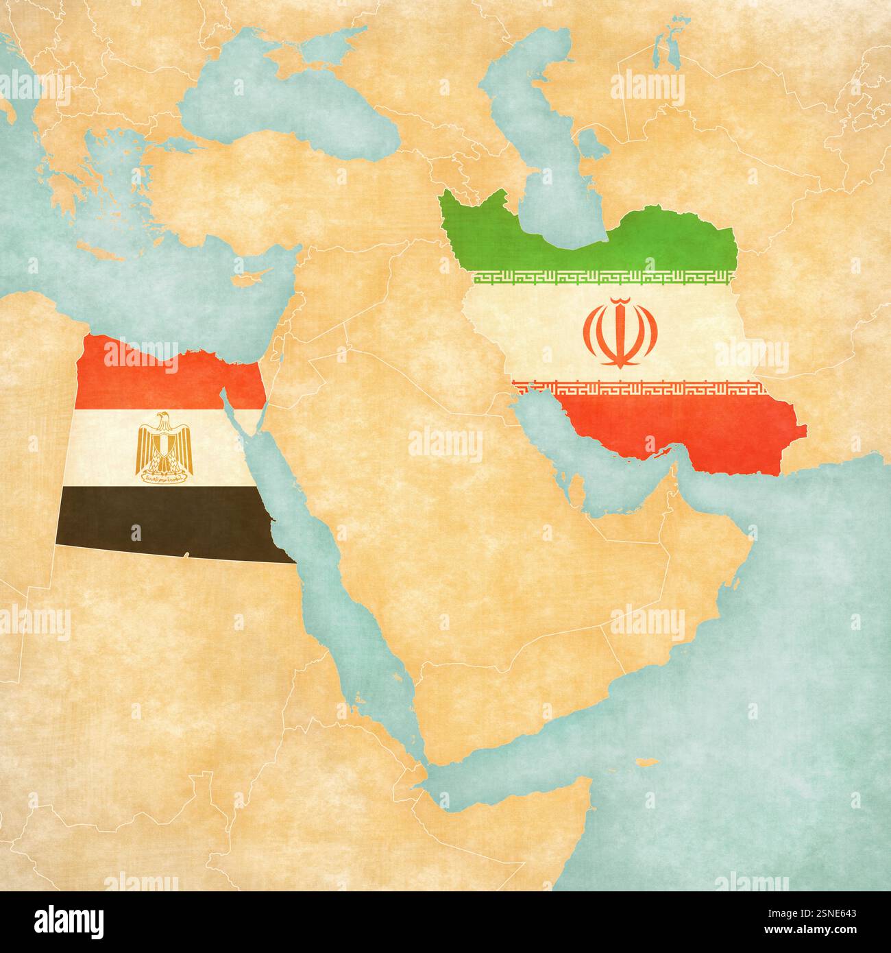 Iran and Egypt on the map of Middle East (Western Asia) in soft grunge ...