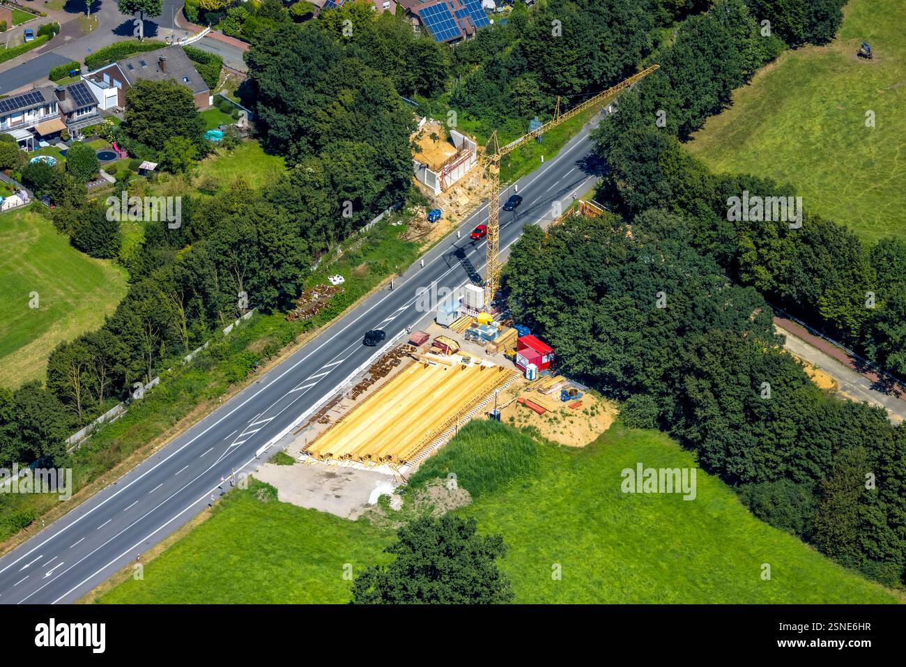 Aerial view, construction site with new construction of the ...