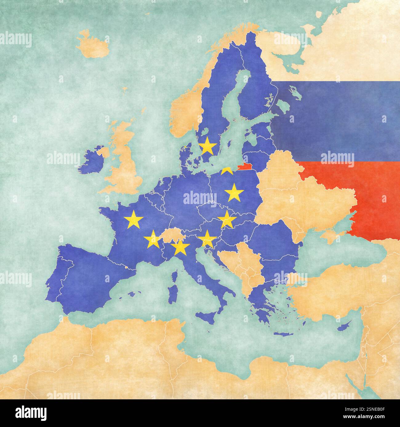 European Union and Russia on the map of Europe in soft grunge and ...