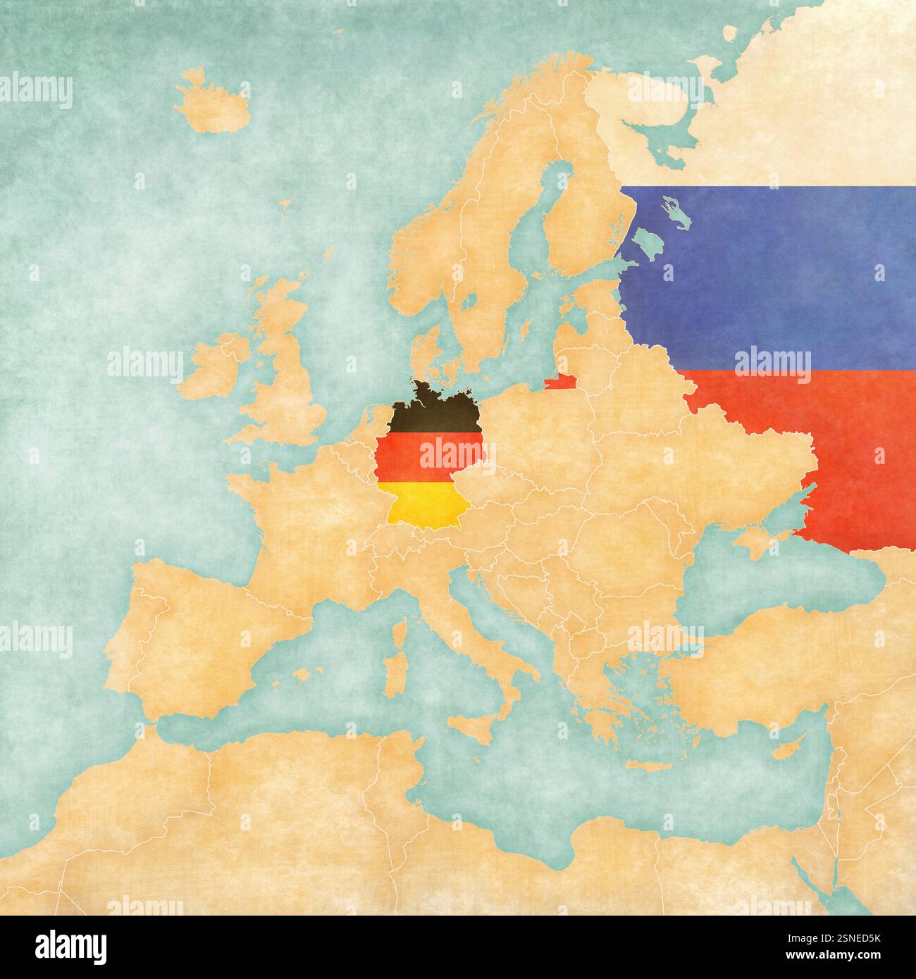 Germany and Russia on the map of Europe in soft grunge and vintage ...