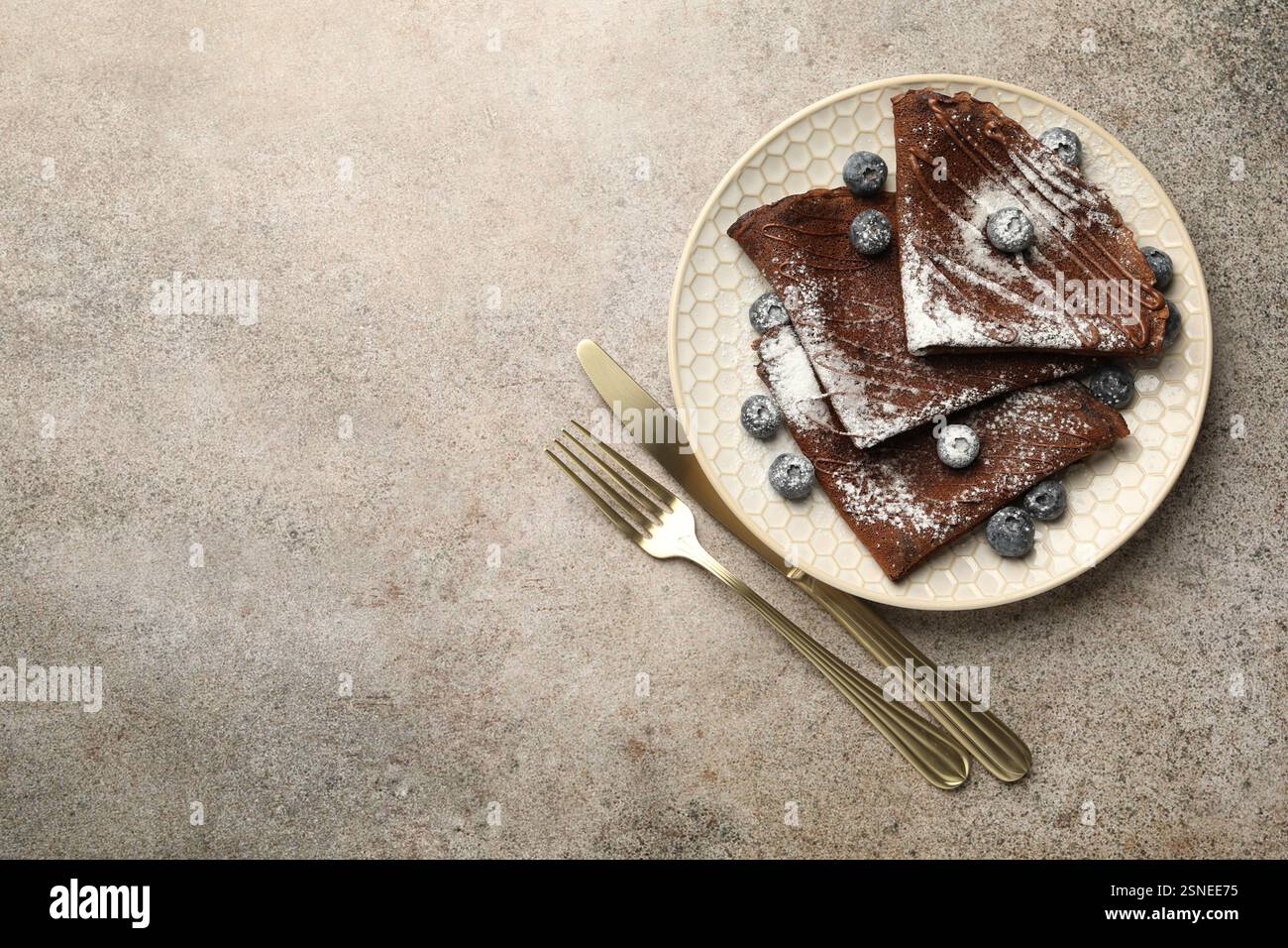 Delicious chocolate crepes with blueberries served on grey table, top ...