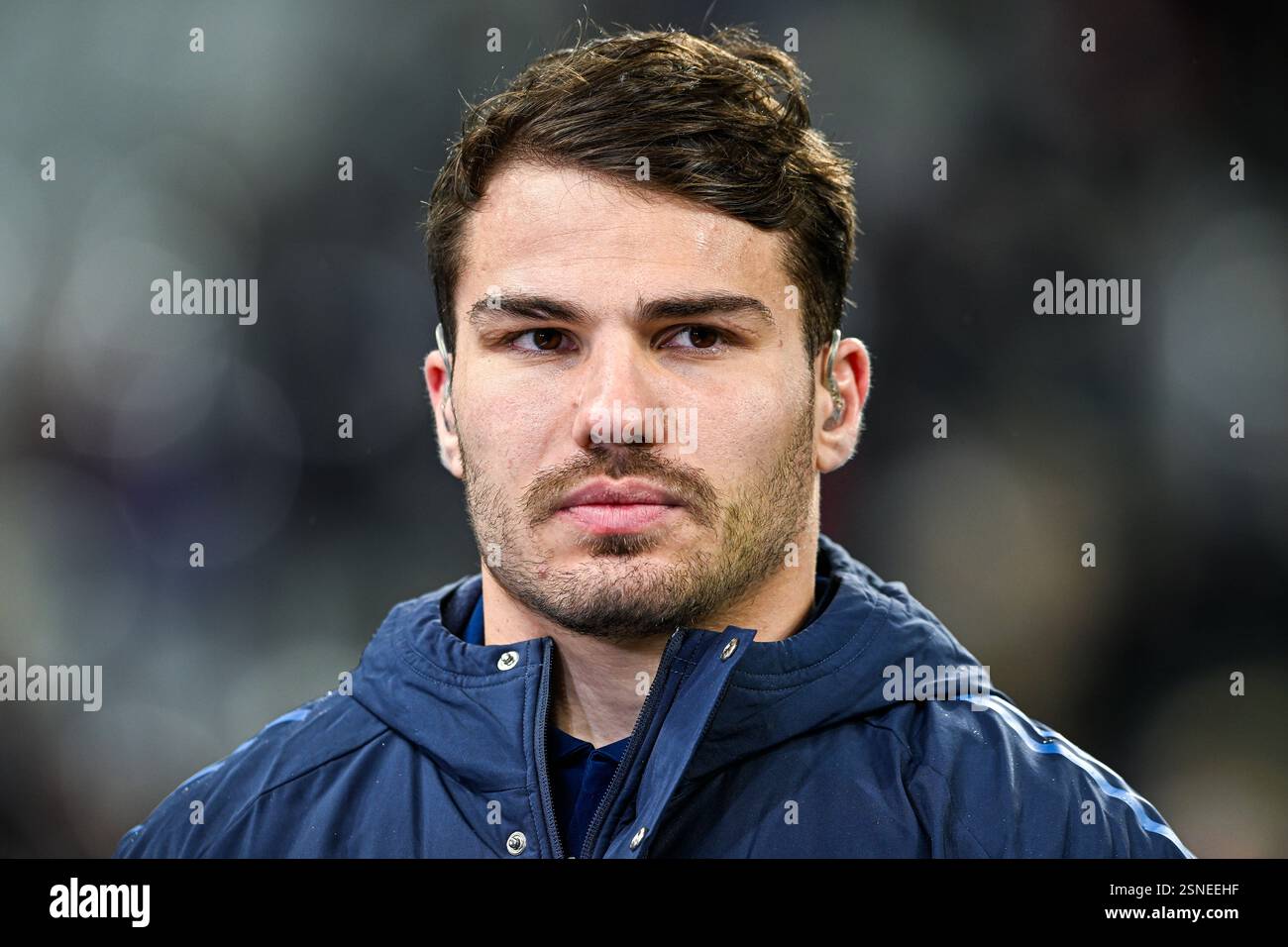Antoine Dupont during a TV interview during the 6 or Six Nations Championship rugby match France ...