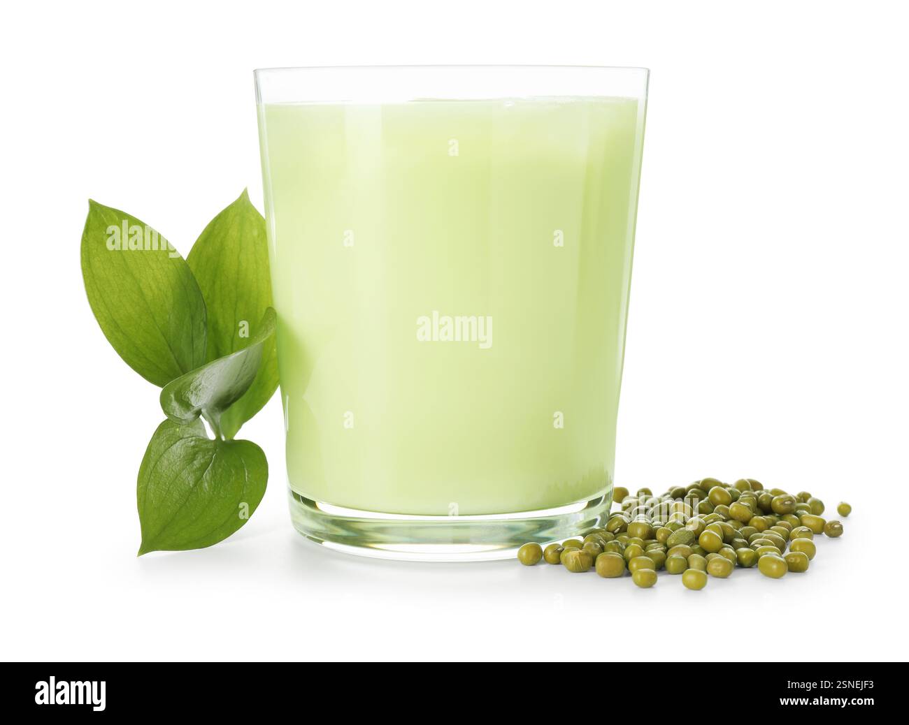 Fresh mung bean juice in glass, seeds and green leaves isolated on ...