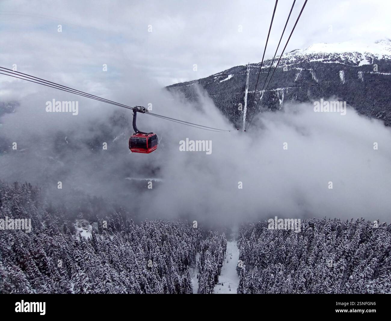 British Columbia, Whistler, Canada - Mar 16 2022: The Peak 2 Peak Gondola is a tricable gondola ...