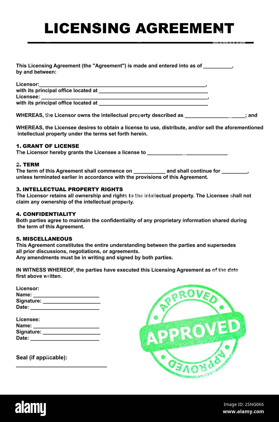 Licensing agreement document. Text and stamp Approved on white ...