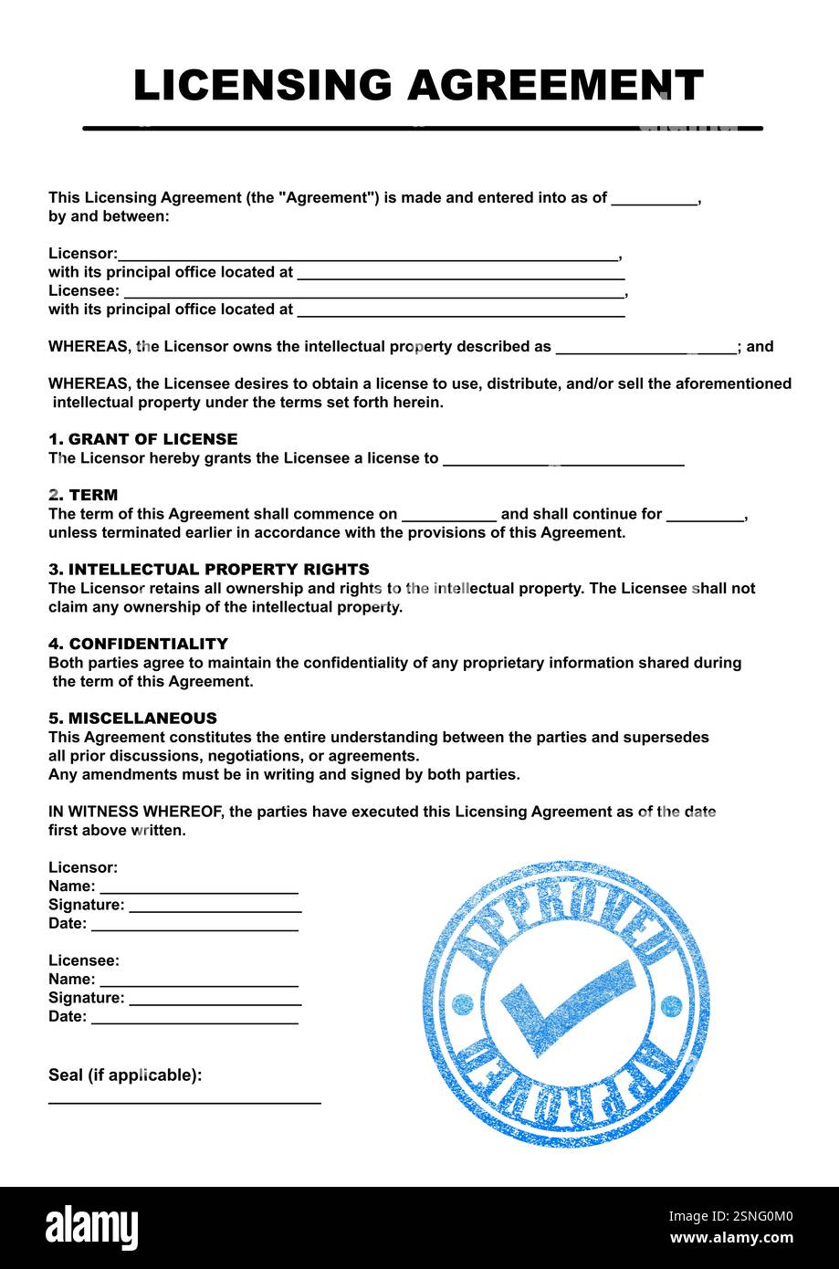 Licensing agreement document. Text and stamp Approved on white ...