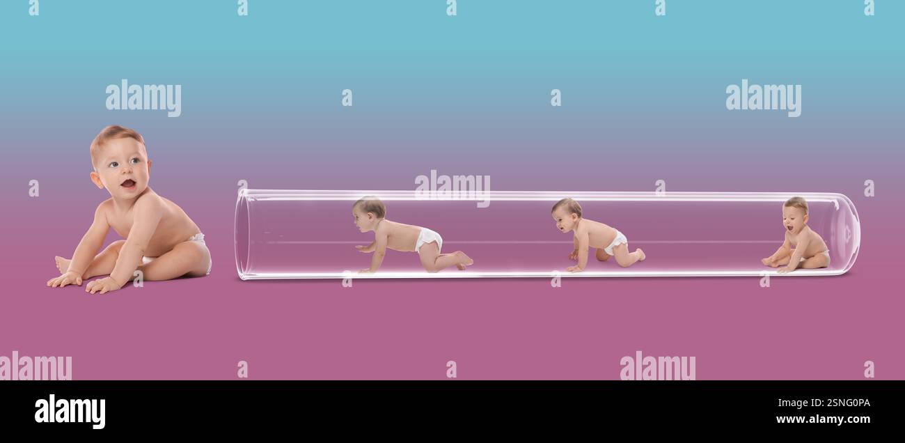 Cute baby getting out from glass test tube on color gradient background ...