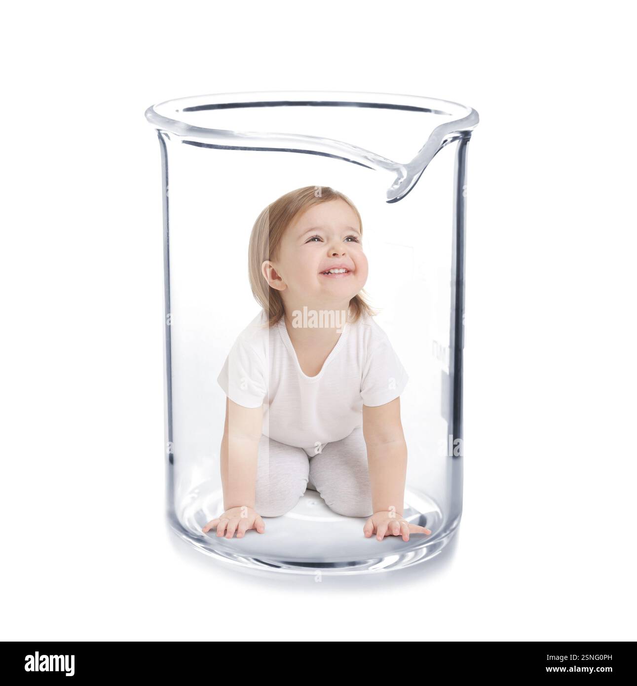 Cute baby in glass beaker on white background. In vitro fertilisation ...