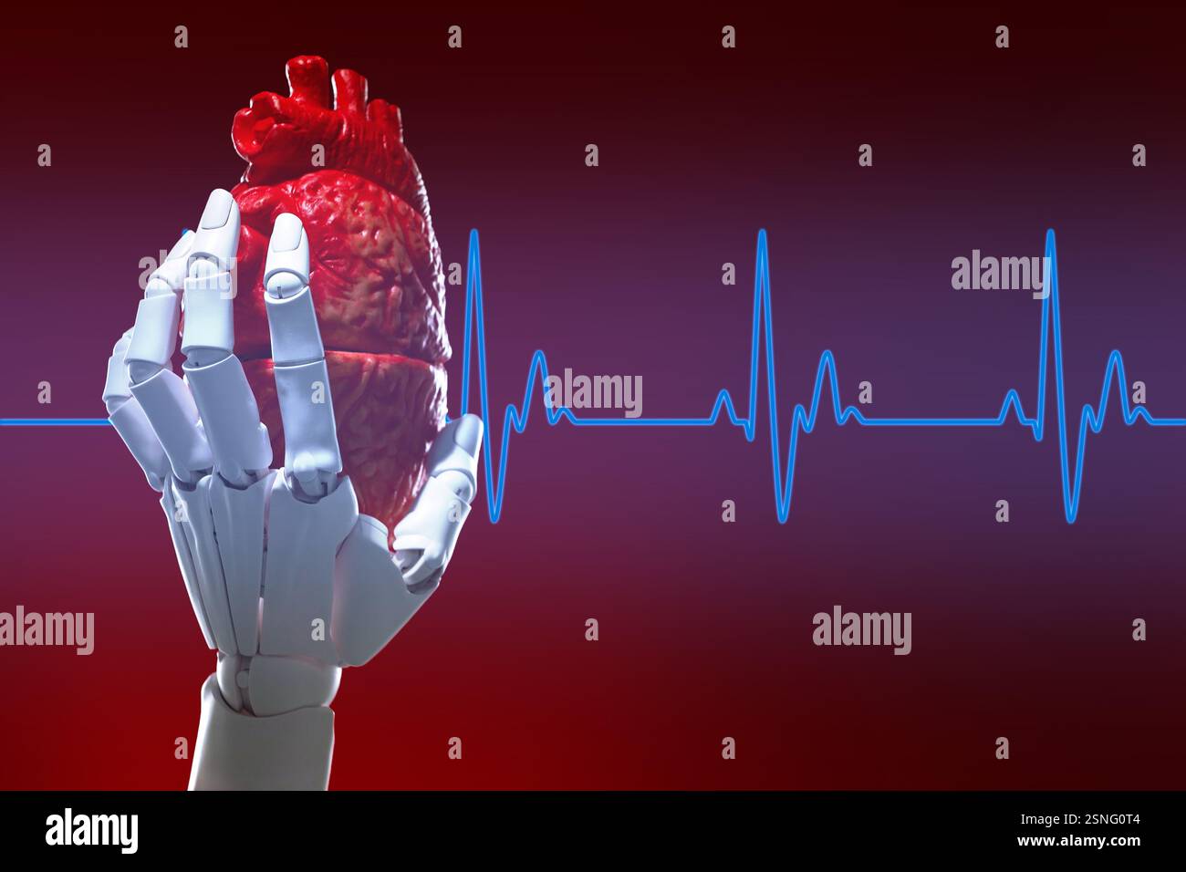 Cardiology. Robot hand holding anatomical model of heart on gradient ...