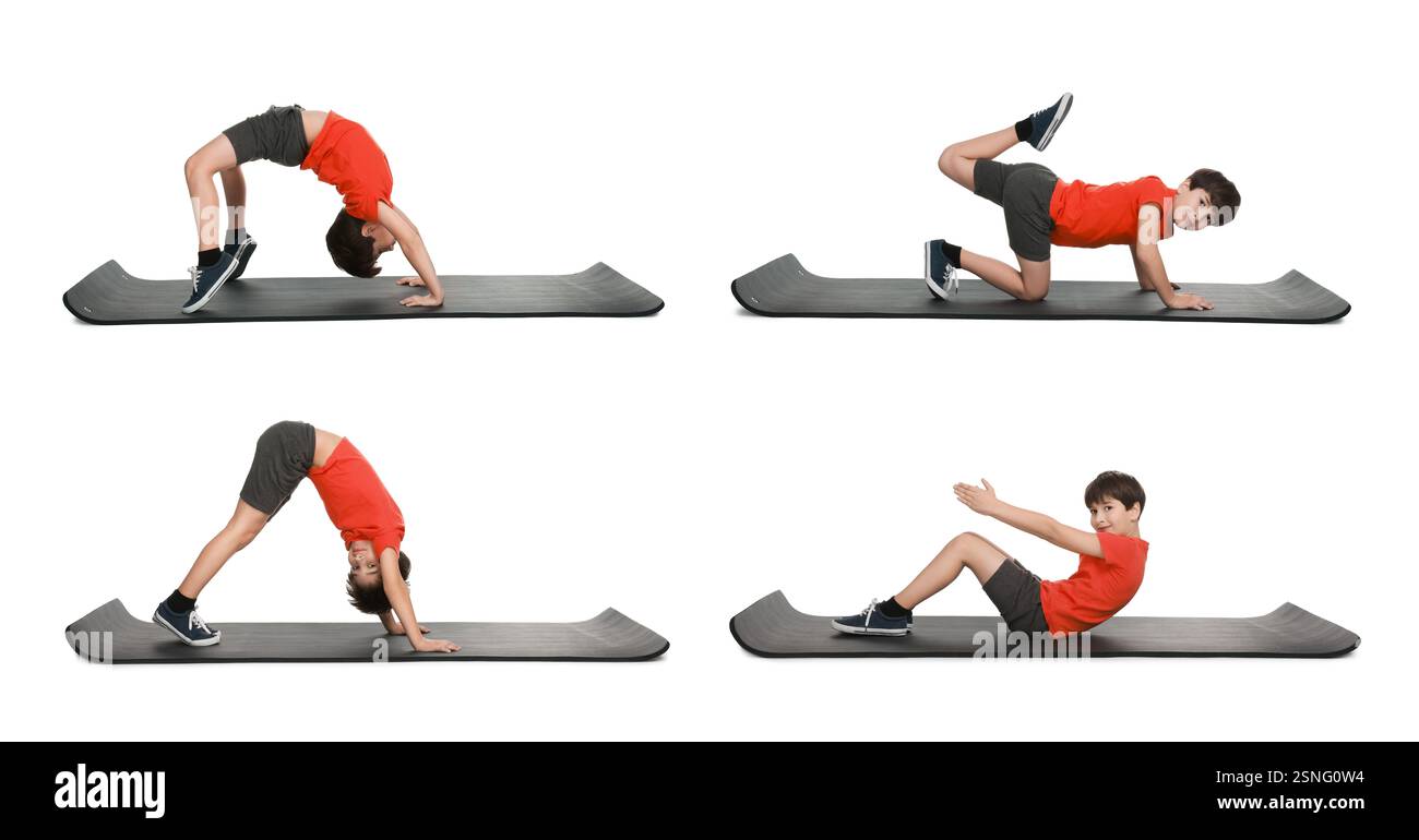 Little boy doing sport exercises on white background, collage Stock ...