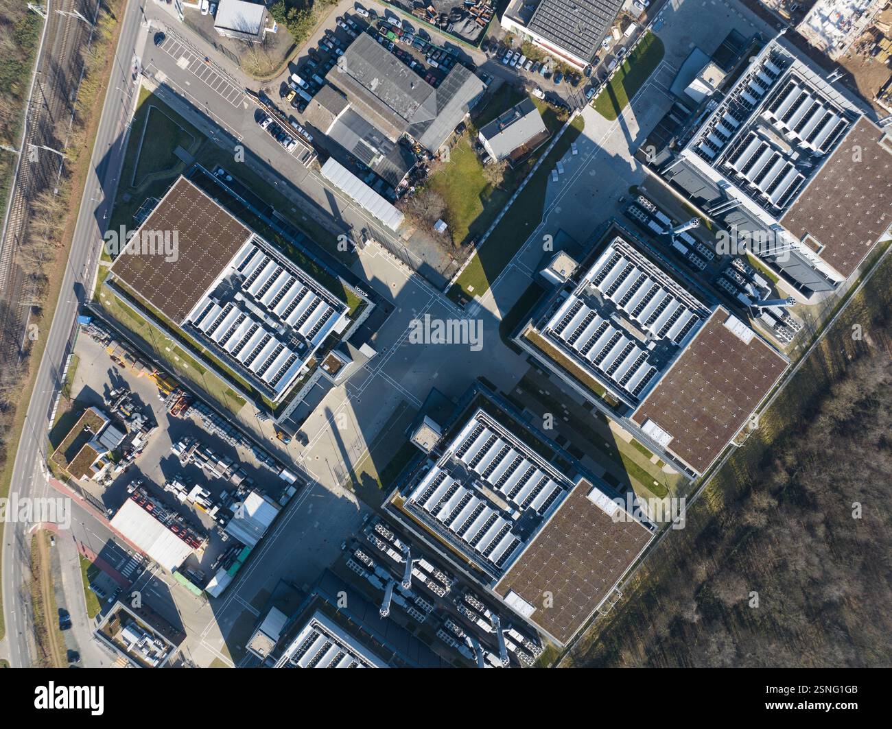 The Frankfurt 4 Data Center, aerial drone views, AI, internet, data and ...