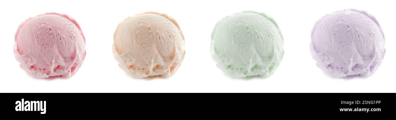 Tasty ice-cream, scoops of different flavors on white background, set ...