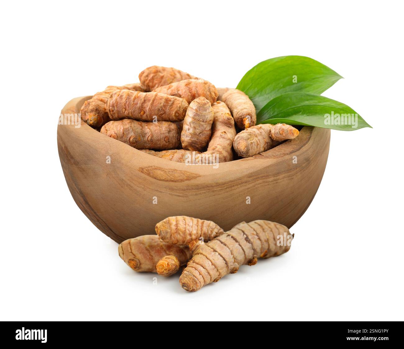 Turmeric root and green leaves isolated on white Stock Photo - Alamy