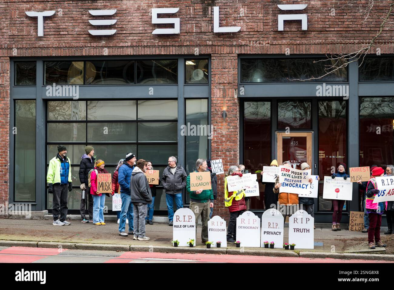 Seattle, USA. 13th Feb 2025. Activists gather at the Stop Musk To Save ...