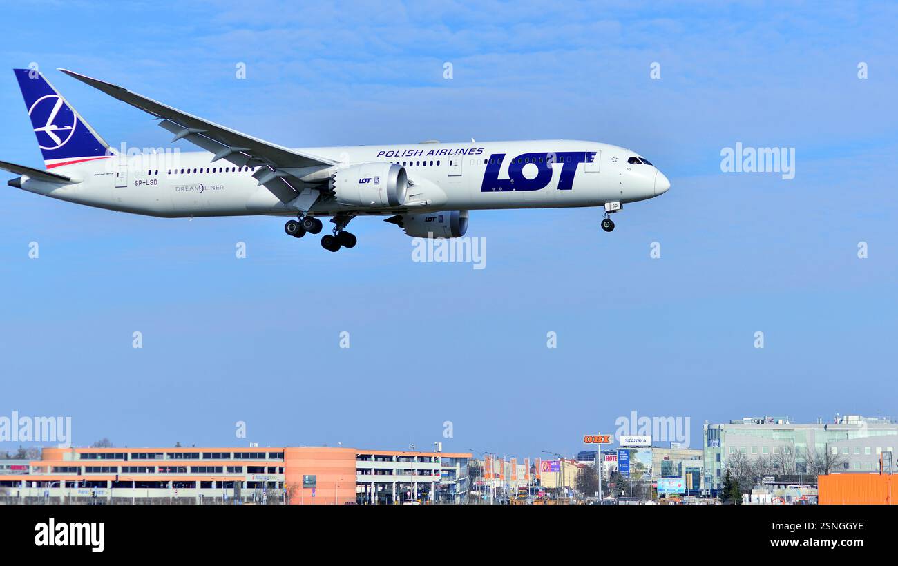 Warsaw ,Poland. 9 February 2025. Plane SP-LSD LOT - Polish Airlines Boeing 787-9 Dreamliner just ...