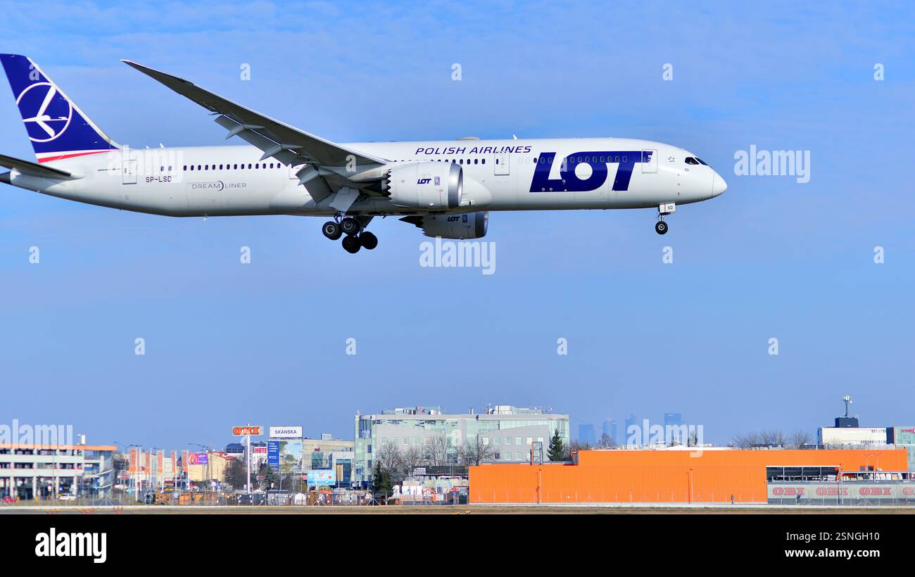 Warsaw ,Poland. 9 February 2025. Plane SP-LSD LOT - Polish Airlines Boeing 787-9 Dreamliner just ...