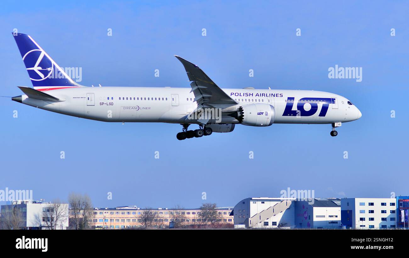 Warsaw ,Poland. 9 February 2025. Plane SP-LSD LOT - Polish Airlines Boeing 787-9 Dreamliner just ...