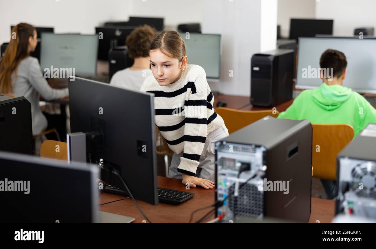 Pupils using computers at lesson, teacher teaching them in class room ...
