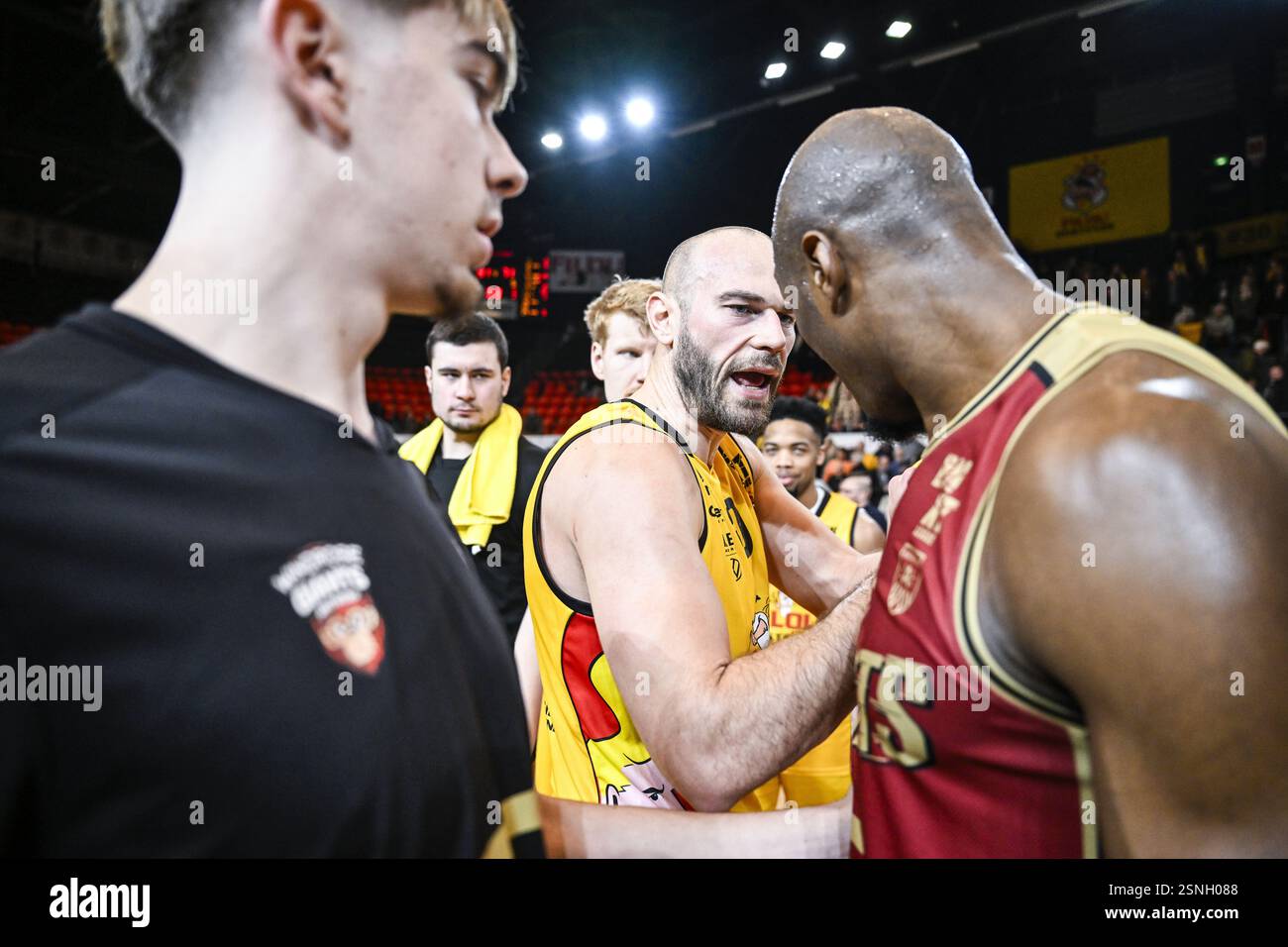 Oostende, Belgium. 13th Feb, 2025. Oostende's Pierre-Antoine Gillet and ...