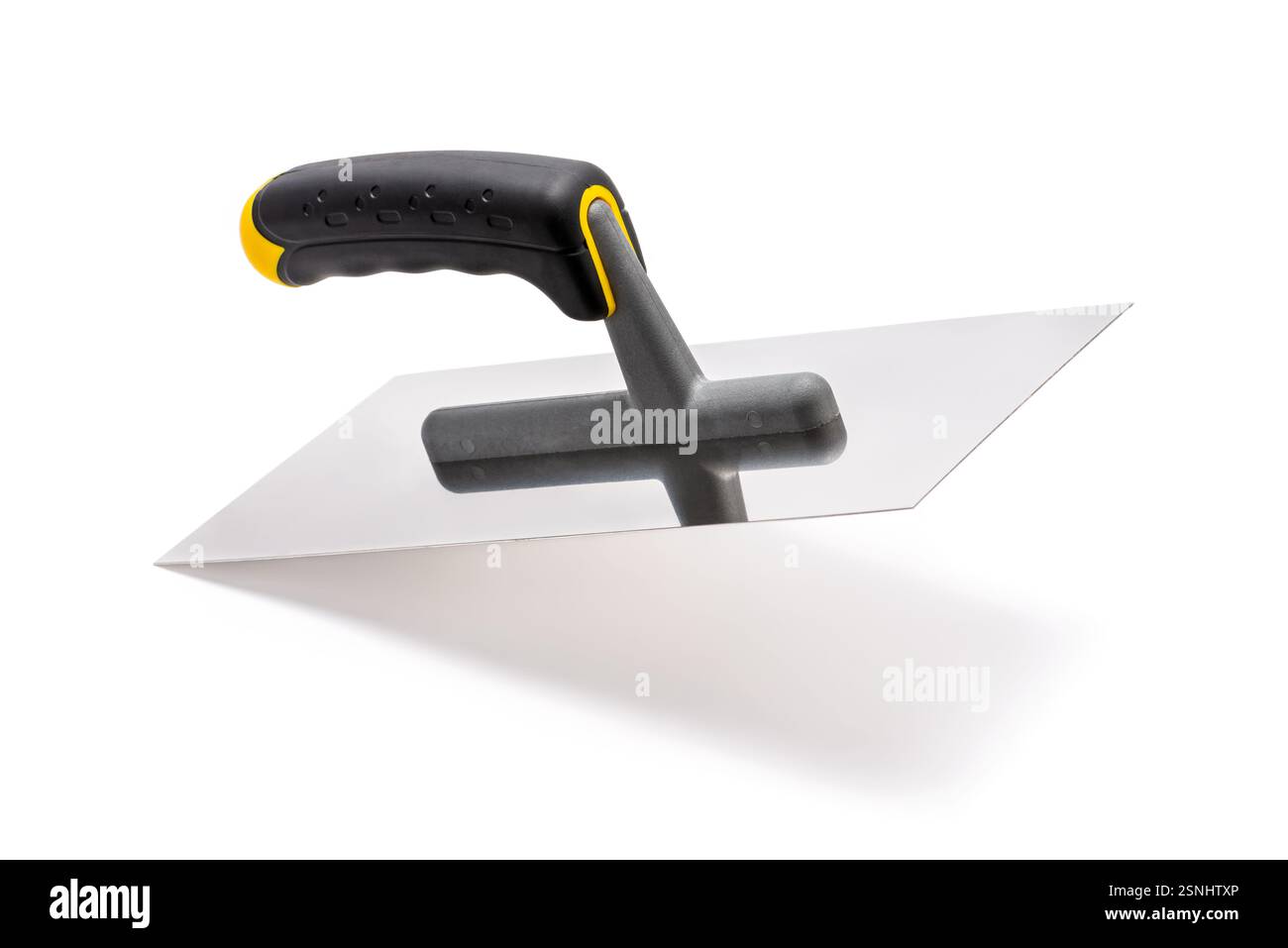 Trowel with black-yellow handle to the smoothing of plaster isolated on ...