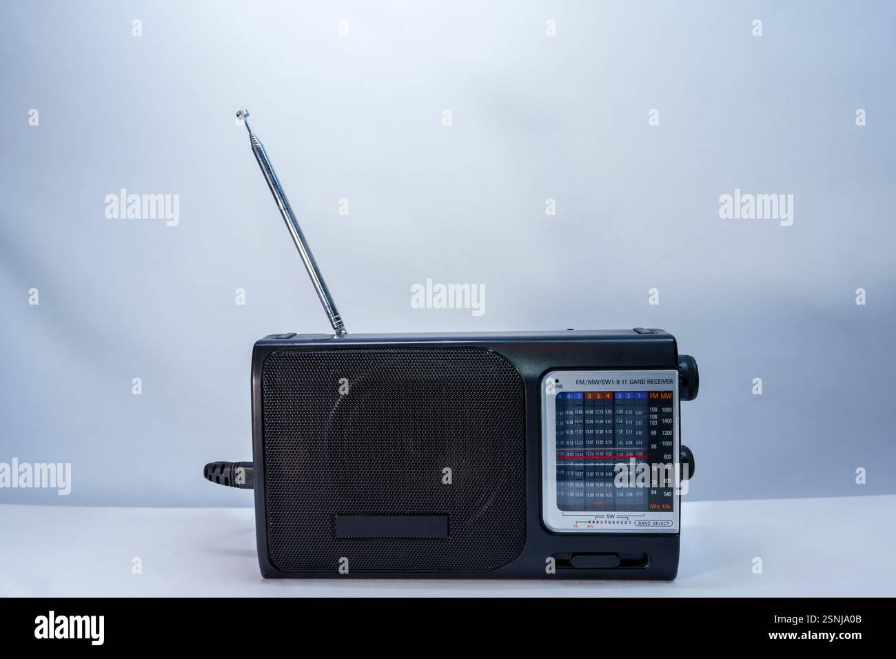 Classic black portable radio with an extended antenna, tuning dial, and ...