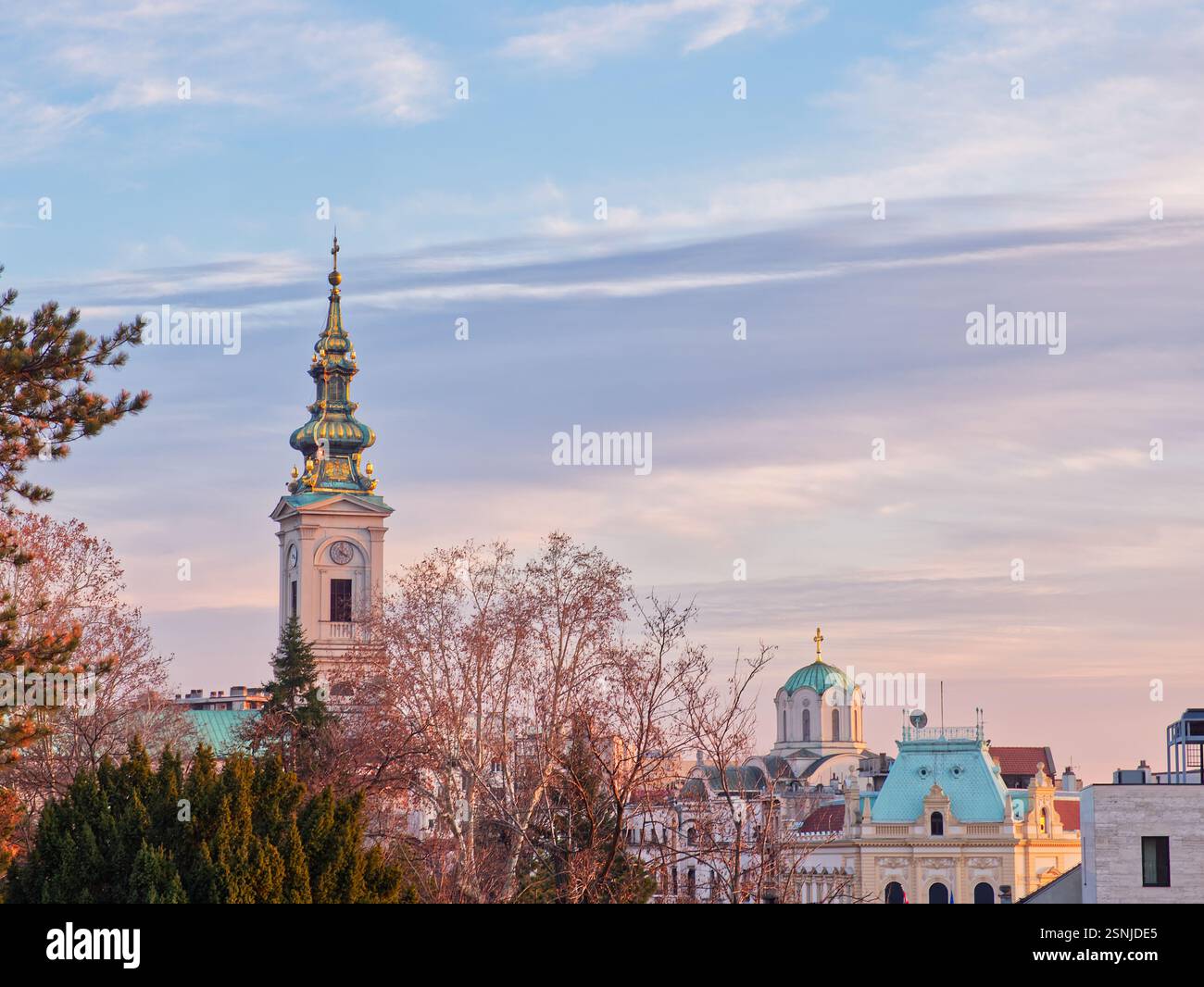 Scenic view of Belgrade architecture with prominent church towers ...